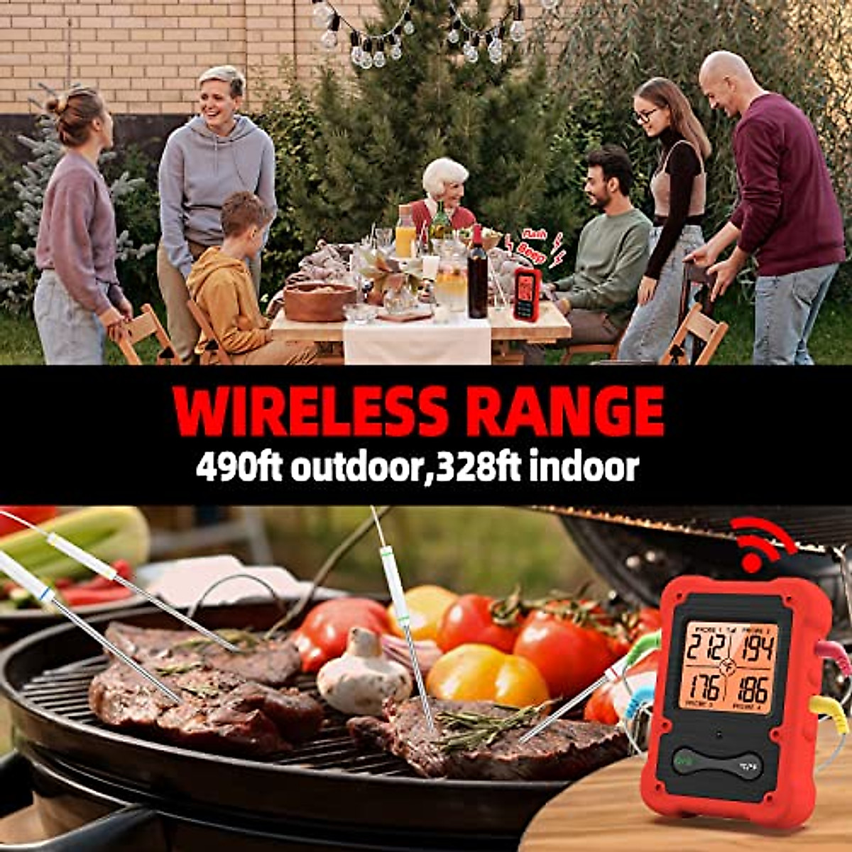 Digital Meat Thermometer - Cooking Food Oven BBQ Smoker Grill Thermometer for Grilling Smoking - Wireless Meat Thermometer with 4 Temperature Probes