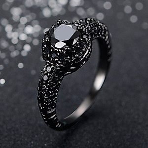 JunXin 10KT Black Gold Ring 8MM Round Cut Diamond Halo Black Stone Rings Onyx Size6/7/8/9/10