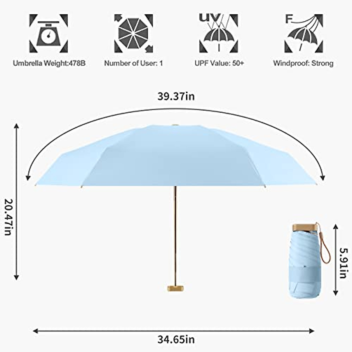 TIME LOVER Sun & Rain Travel Umbrellas with 99% UV Protection for Girls and Women,UPF 50+ Mini Capsule Umbrella Lightweight and Windproof Umbrella,Portable backpack storage,Cyan
