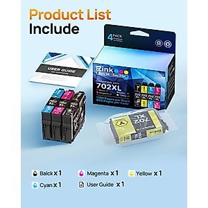 E-Z Ink (TM) Remanufactured Ink Cartridge Replacement for Epson 702XL T702XL 702 T702 to use with Workforce Pro WF-3720 WF-3730 WF-3733 Printer (1 Large Black, 1 Cyan, 1 Magenta, 1 Yellow, 4 Pack)