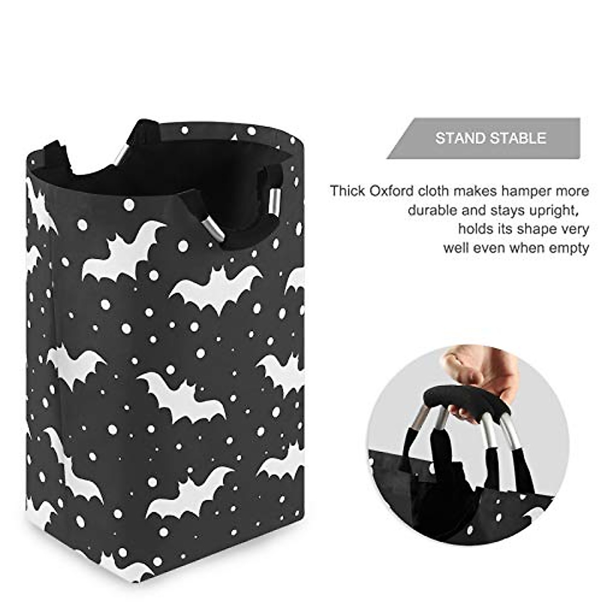 Kaariok Halloween Bats Black White Polka Dots Laundry Hamper with Handles Waterproof Collapsible Storage Basket Large Dirty Clothes Bin for Laundry Room, 22.7 Inches