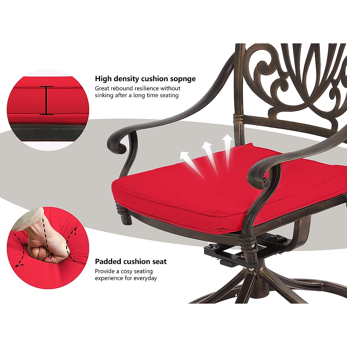 Grepatio 5 Piece Outdoor Dining Set Cast Aluminum Patio Dining Set Table and Chairs Outside Furniture 4 Swivel Chairs with Cushion and 1 Umbrella Round Dining Table for Lawn Garden Patio (Red)