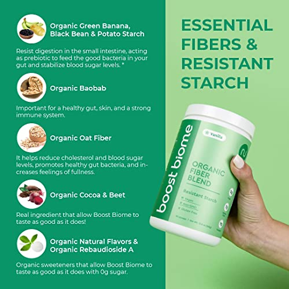 Boost Biome Fiber Supplement Organic Super Greens Powder – Supports Bloating Relief, Gut Health, Leaky Gut with Resistant Starch Powder - Green Banana Flour, Oat, Black Bean (30 Days, Vanilla)