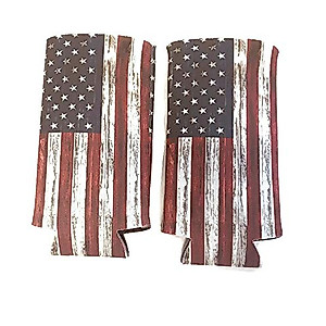PKM - (2) Distressed USA AMERICAN FLAG Slim Can Cooler Sleeve - Beer Blank Skinny 12 oz Neoprene Coolie - Perfect For 12oz Red Bull, Michelob Ultra,Truly