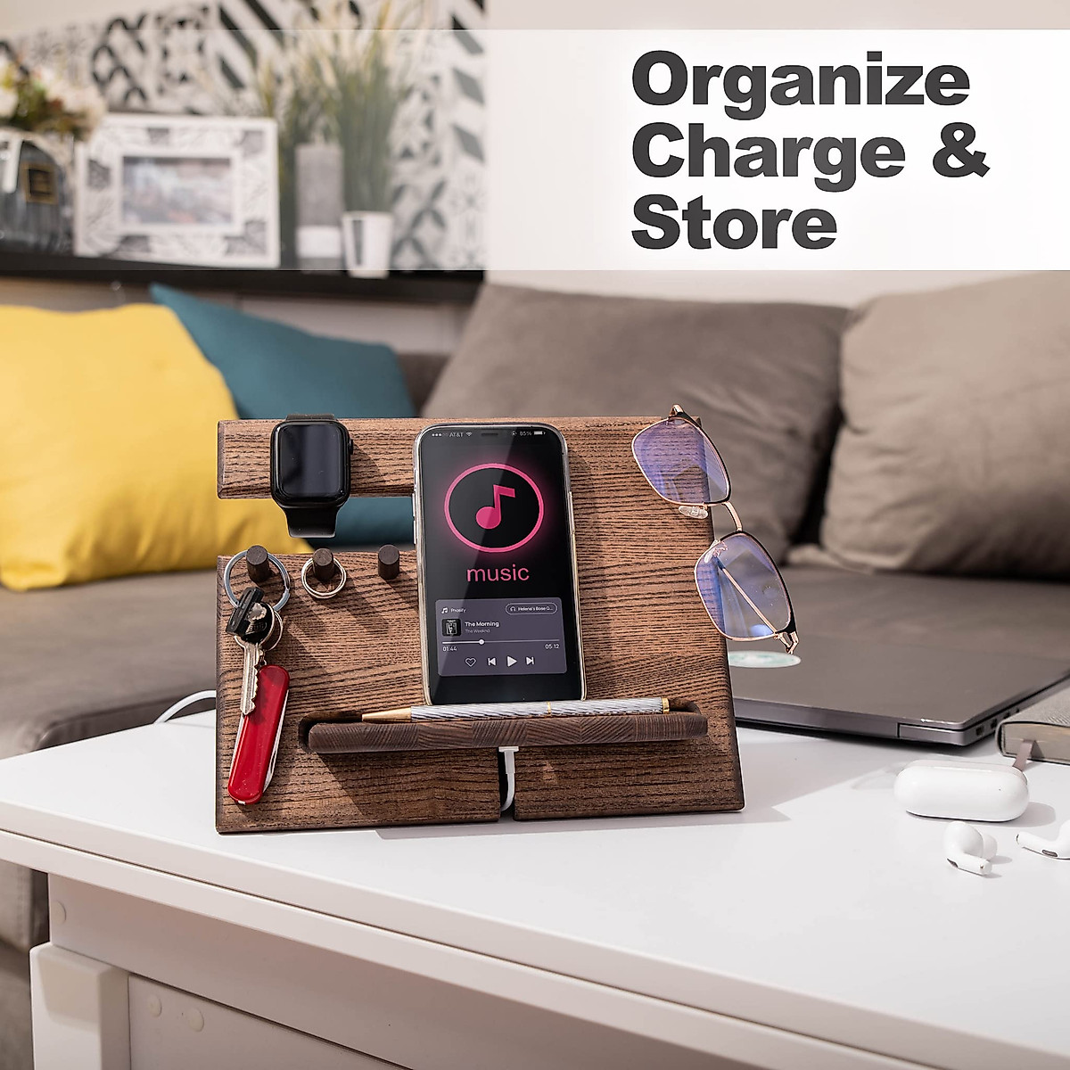 TESLYAR Wood Phone Docking Station Ash Hooks Key Holder Wallet Stand Watch Organizer Men Husband Wife Anniversary Dad Birthday Nightstand Purse Tablet Father Graduation Male