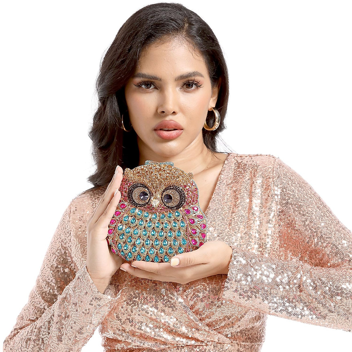 Boutique De FGG Multicoloured Owl Crystal Clutch Bag Animal Evening Handbags Women Formal Party Rhinestone Clutch Purse, Small