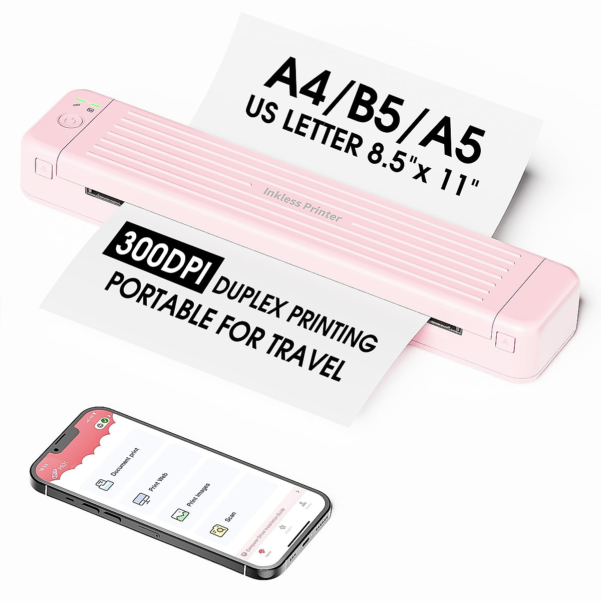 Portable Printer for iPhone iPad Laptop PC - Bluetooth Printer Supports Dual-Sided Printing Letter/A4/B5/A5 Regular Paper, Wireless Printer for Home Travel Office Vehicle Word PDF Excel TxT 300DPI