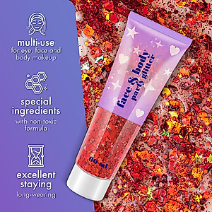 Body Glitter Gel, 2 Jars Holographic Chunky Glitter Makeup for Body, Hair, Face, Nail, Lip, Eyeshadow, Total 120ML Long Lasting Iridescent Chunky Glitter for Concert Festival Rave (Red & Black)