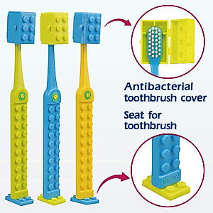 Dr.RAY Kids Toothbrush with Building Blocks and Toothbrush Covers, Extra Soft, Ages 6+ (Pack of 3, Multi-Colored)