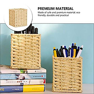 Cabilock Wicker Pencil Holder Nature Rattan Makeup Brush Cup Square Pen Holder Cutlery Silverware Caddy Holder Wicker Storage Basket Woven Flower Pots Desktop Sundries Container Basket
