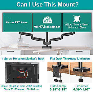 MOUNT PRO Triple Monitor Desk Mount - Articulating Gas Spring Monitor Arm, Removable with Clamp and Grommet Base - Fits 13 to 27 Inch LCD Computer Monitors, VESA 75x75, 100x100
