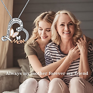 ASLBUNM Mom Necklace S925 Sterling Silver Mother Daughter Butterfly Always My Mother Forever My Friend Love Heart Pendant Necklaces Jewelry Grandmother Mom Gift