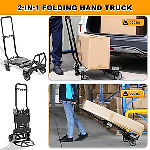 2 in 1 Folding Hand Truck Dolly, 330LB Heavy Duty Carrying with 4 Wheels Foldable, Portable Dolly with Retractable Handle, Include 2 Bungee Cords, for Moving, Luggage, Office