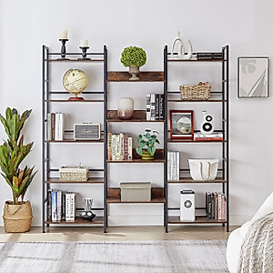 Elevon Bookshelf 5-Tier Open Bookcase, Triple Wide 70in Tall Display Shelf with 14 Open Display, Wood Shelf Metal Frame Floor Standing Unit for Living Room, Bedroom and Home Office - Rustic Brown