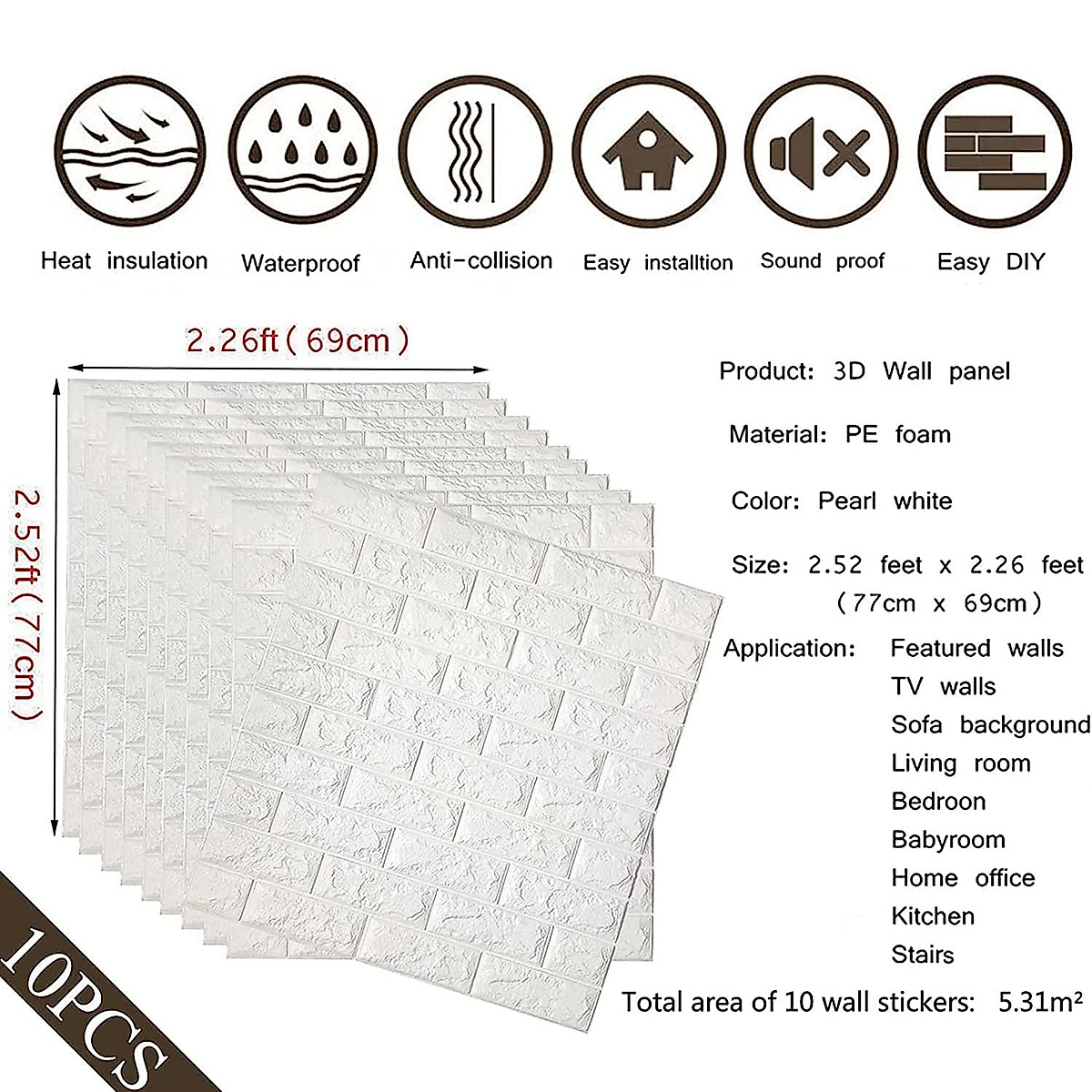 10PCS 3D Brick Wall Stickers, PE Foam Self-Adhesive Wallpaper Removable and Waterproof Art Wall Tiles for Bedroom Living Room Background TV Decor