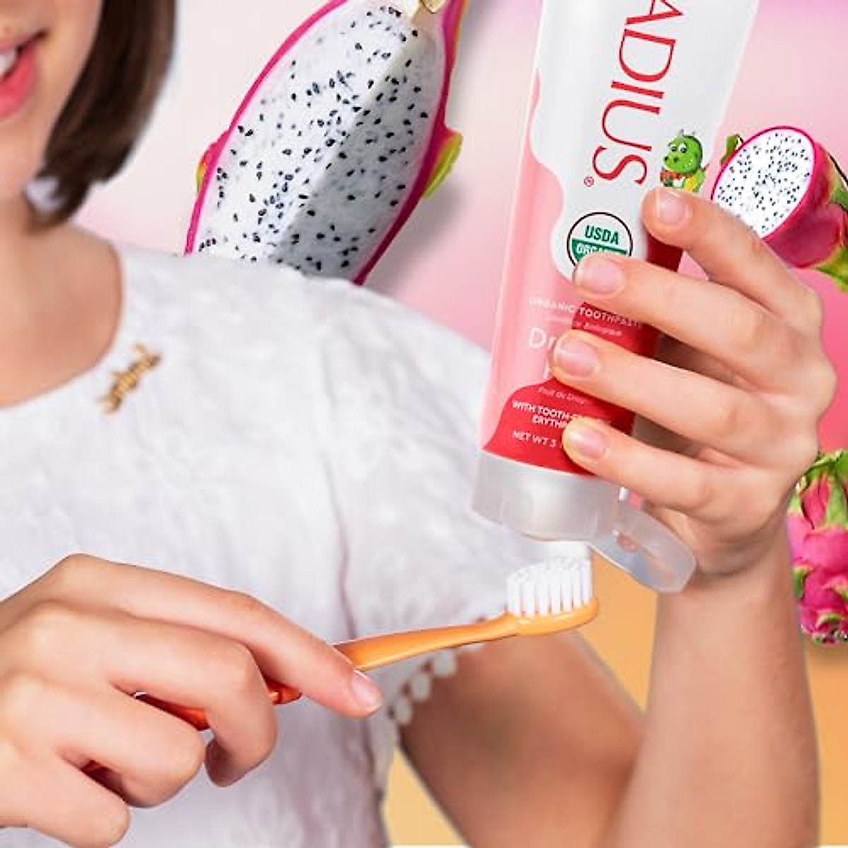 RADIUS USDA Organic Kids Toothpaste 3oz Non Toxic Chemical-Free Gluten-Free Designed to Improve Gum Health for Children's 6 Months and Up - Dragon Fruit - Pack of 1