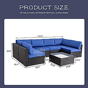 J-SUN-7 7 Pieces Outdoor Patio Furniture Set, All Weather Black PE Rattan Wicker Sofa Set, Sectional Furniture Sofa Couch Set with Dark Blue Cushions and Glass Table for Garden Porch Poolside
