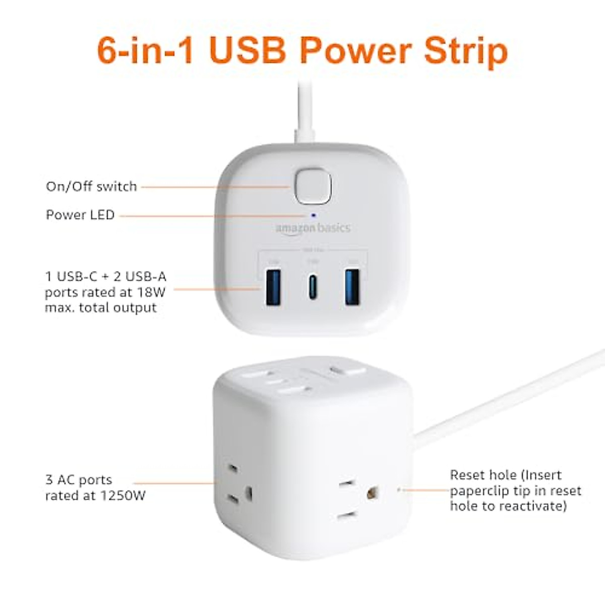 Amazon Basics Power Strip Cube 3 Outlet 3 USB Ports, 1 USB-C(15W) and 2 USB-A(12W), 5 ft Extension Cord, Home, Office, Travel, White