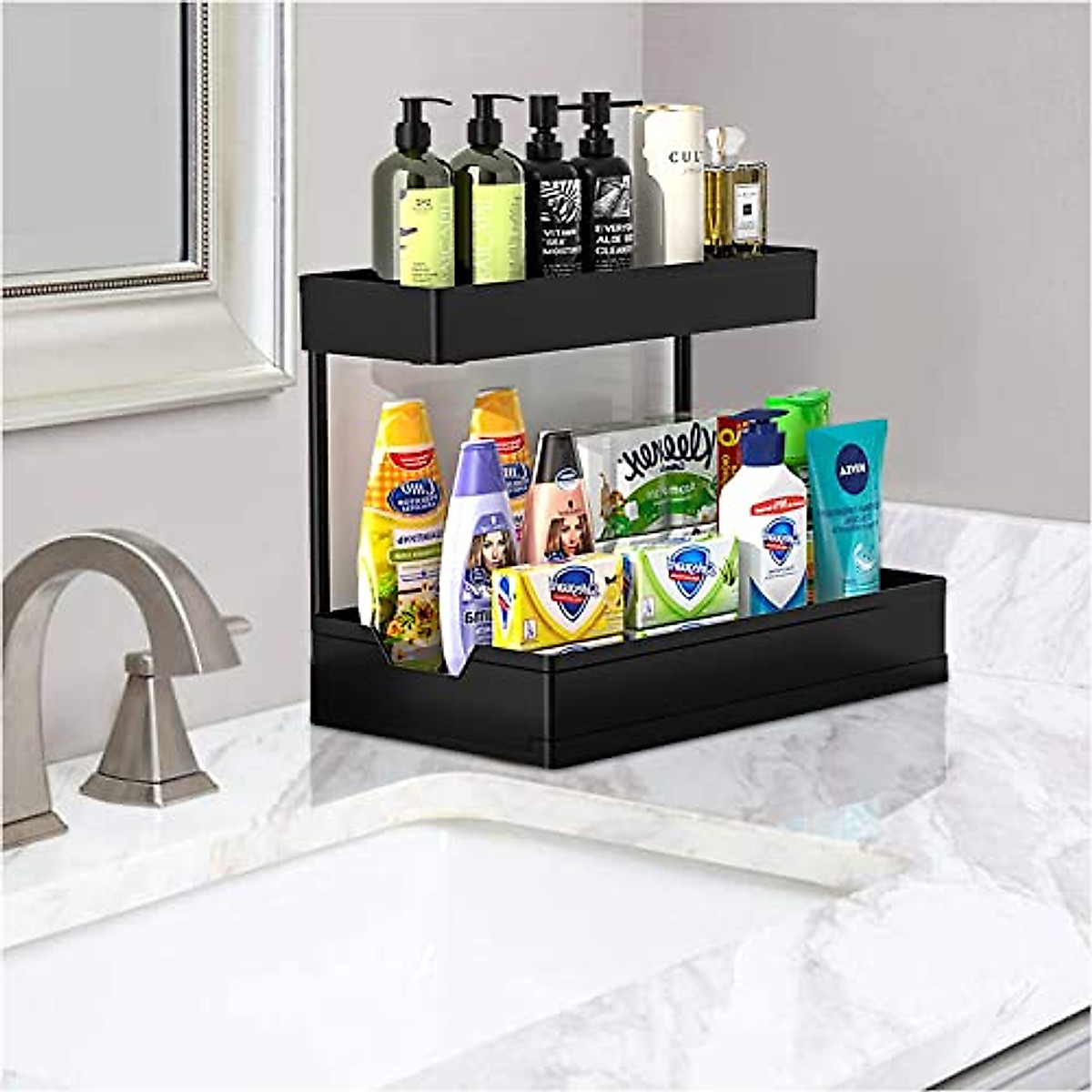 Karlsitek Under Sink Organizer,2-Tier Bathroom Organizer,L-Shape One Sliding Under Cabinet Storage Organizer with 1 Hanging Cup and 4 Hooks,Under Sink Organizers and Storage for Kitchen Bathroom