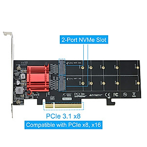 Dual NVMe PCIe Adapter, RIITOP M.2 NVMe SSD to PCI-e 3.1 x8/x16 Card Support M.2 (M Key) NVMe SSD 22110/2280/2260/2242/2230