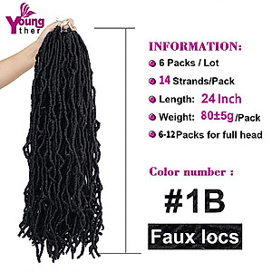 Youngther 24 Inch New Faux Locs Crochet Hair 6Pscks 84 stands Extensible New Goddess Soft Locs Crochet Hair Pre Looped Synthetic Crochet Braiding Hair for Black Women(24inch,6packs,1B)