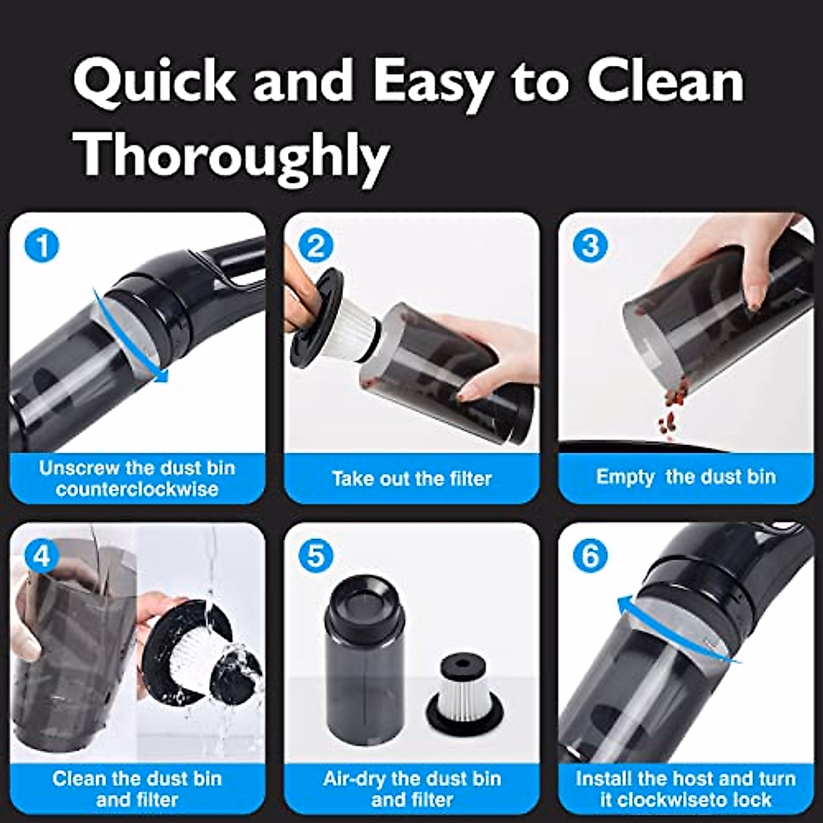 MOCA 9500PA Cordless Car Vacuum Cleaner, High Power Small Portable USB Rechargeable Hand Vacuum Cleaner, Wet and Dry Dual Use Vacuum Cleaner for Home, Car, Narrow Spaces - Black