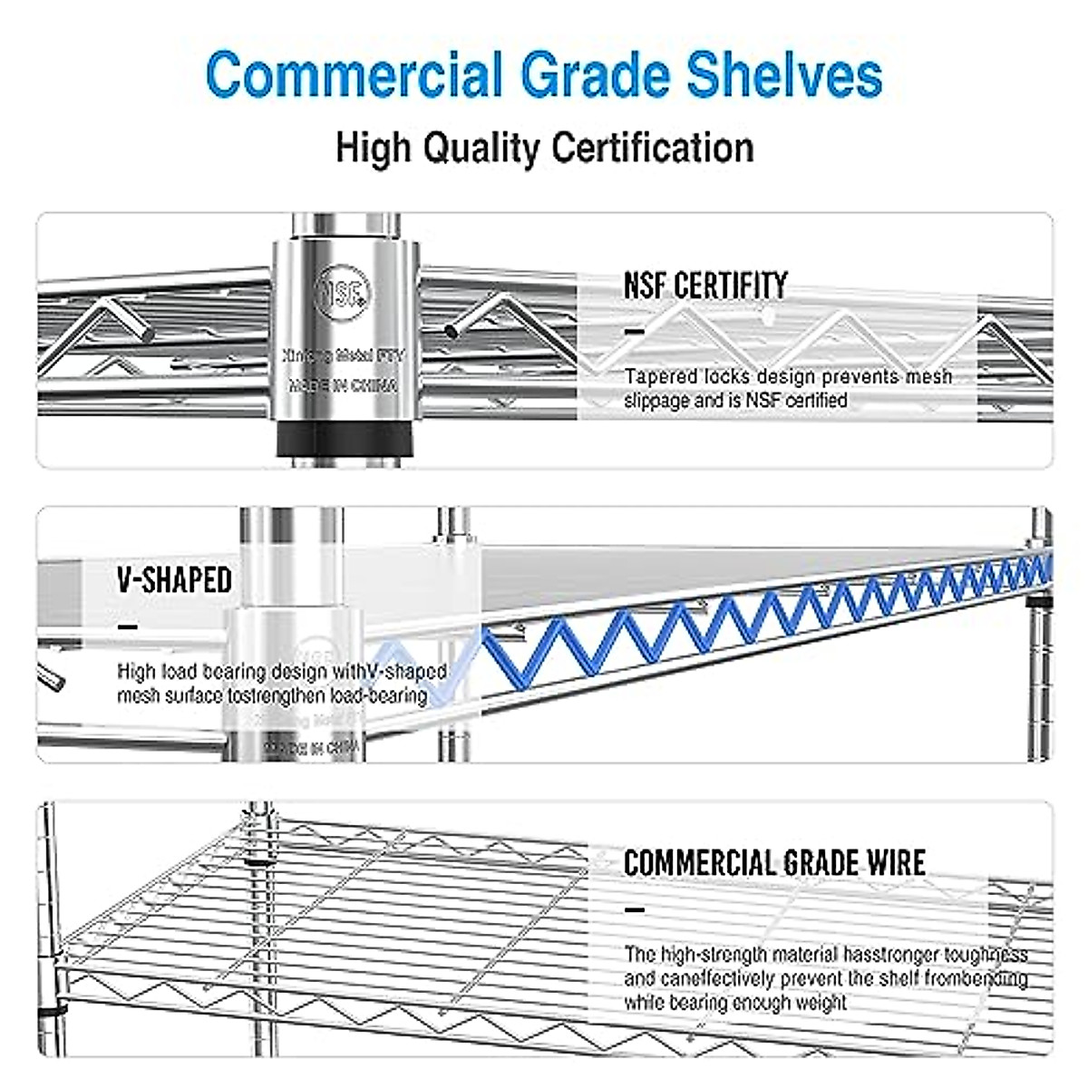 3 Tier NSF Wire Shelf Shelving Unit, 18 x 48 x 48 Inch 1050lbs Capacity Heavy Duty Adjustable Storage Metal Rack with Leveling Feet & Shelf Liners, Ideal for Garage, Kitchen, Office and More - Chrome