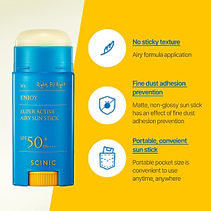 SCINIC Enjoy Super Active Airy Sun Stick SPF50+ PA++++ 0.53oz (15g) | Strong UV Protection Anytime, Anywhere Air-light, Clear | Korean Skincare