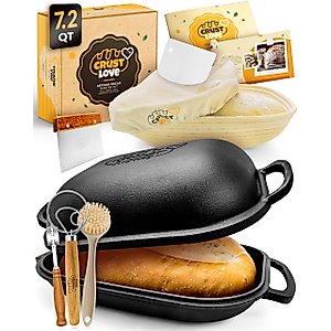 CRUSTLOVE Cast Iron Bread Pan with Lid - incl. Sourdough Bread Baking Supplies like Banneton Bread Proofing Basket - 7.2QT Bread Oven Dutch Oven for Bread Baking Cast Iron Pan Scoring Tool Lame