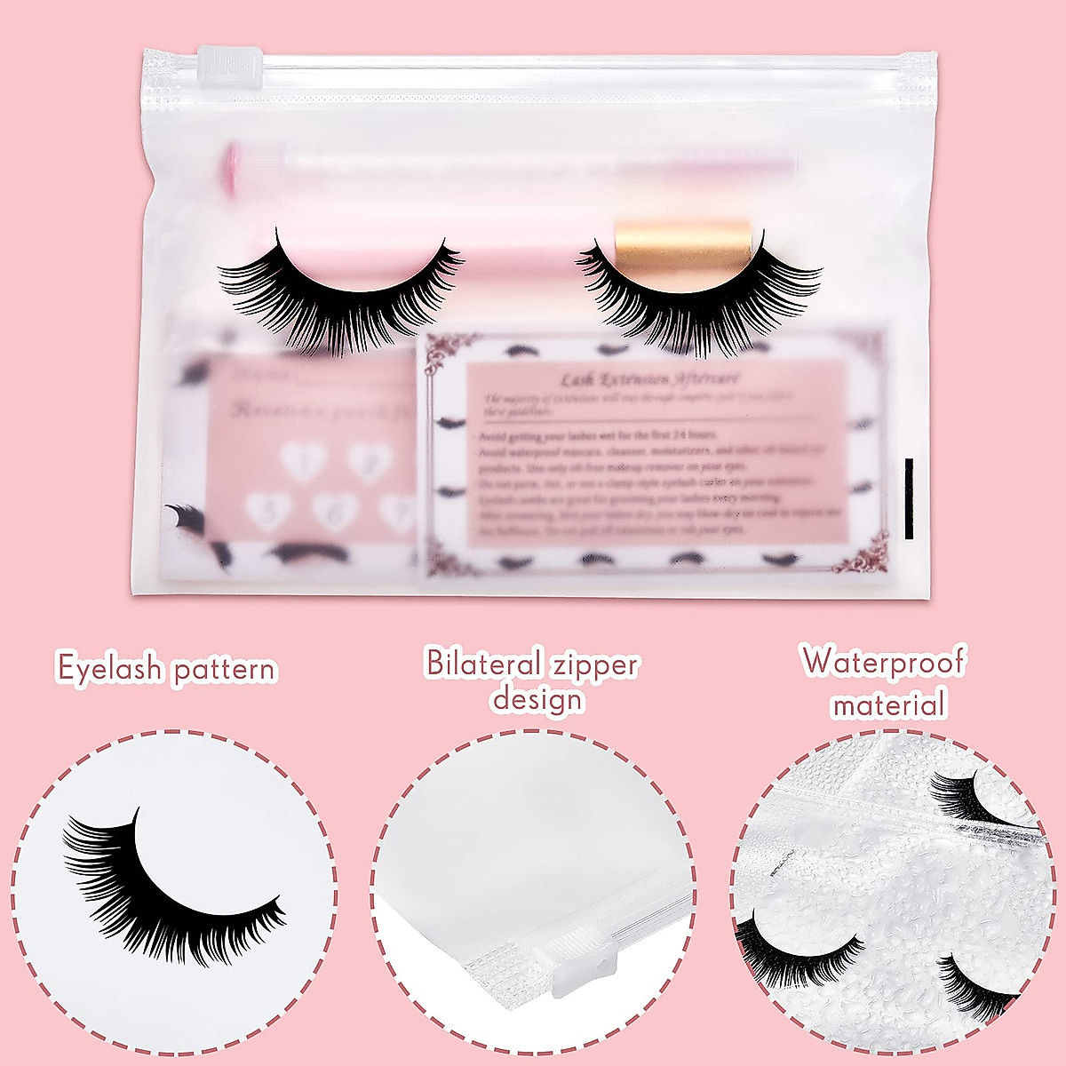 12 Pieces Eyelash Aftercare Bags 12 Lash Shampoo Brushes 12 Mascara Wands with Tubes 25 Lash Aftercare Cards 25 Refill Filler Lash Punch Cards Eyelash Makeup Accessories, 86 Pieces of Total (Pink)
