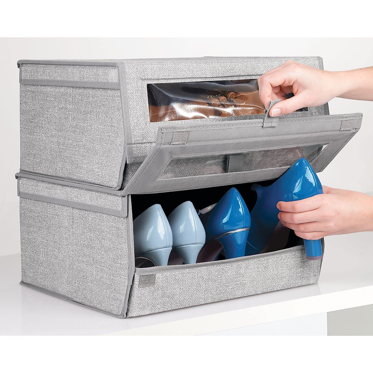 mDesign Large Fabric Closet Shoe Storage Box w/Clear Window - Shoe, Sandal, Sweater, Linen, Clothes Organizer - Boot Storage Solutions - Shoe Bin - Lido Collection, 8 Pack, Gray