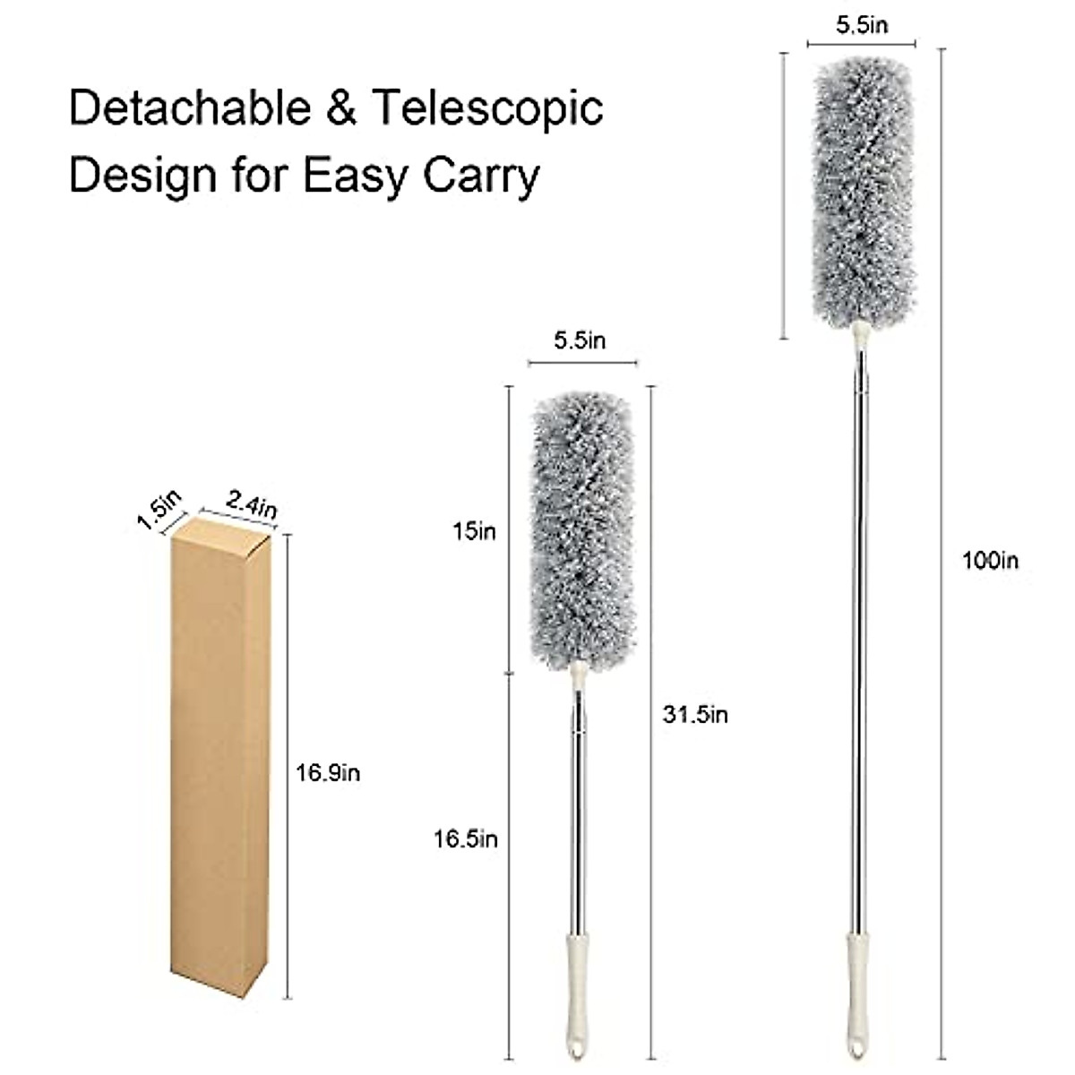 Anawin Microfiber Duster for Cleaning, 100’’ Duster with Extension Pole, Extendable Bendable Cobweb Telescoping Long Dusters for High Ceiling Fan, Blinds, Vents, Furniture, Cars(Single Head)