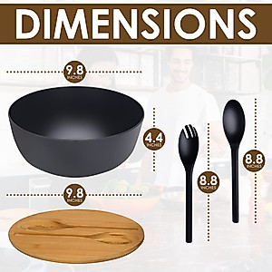 Bamboo Fiber Salad Bowl with Servers Set, 9.8 inches Large Solid Wooden Mixing Salad Bowls With Lid, Fiber Spoon and Fork for Serving for Pasta, Fruits, Vegetables(Black)