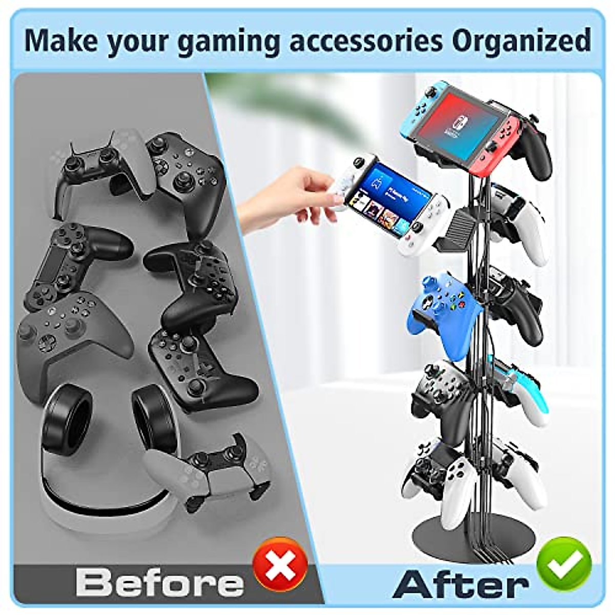 Kytok Controller Stand 5 Tiers with Cable Organizer for Desk, Universal Controller Display Stand Compatible with Xbox PS5 PS4 Nintendo Switch, Headset Holder & Desk Mounts for 10 Packs Controller