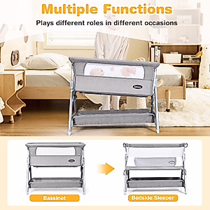 INFANS Baby Bassinet Bedside Crib, Newborn Sleeper w/Large Storage Basket, Adjustable Heights & Angle, Detachable &Washable Mattress, Breathable Mesh, Straps, Easy Moving Bed Side, Light Grey