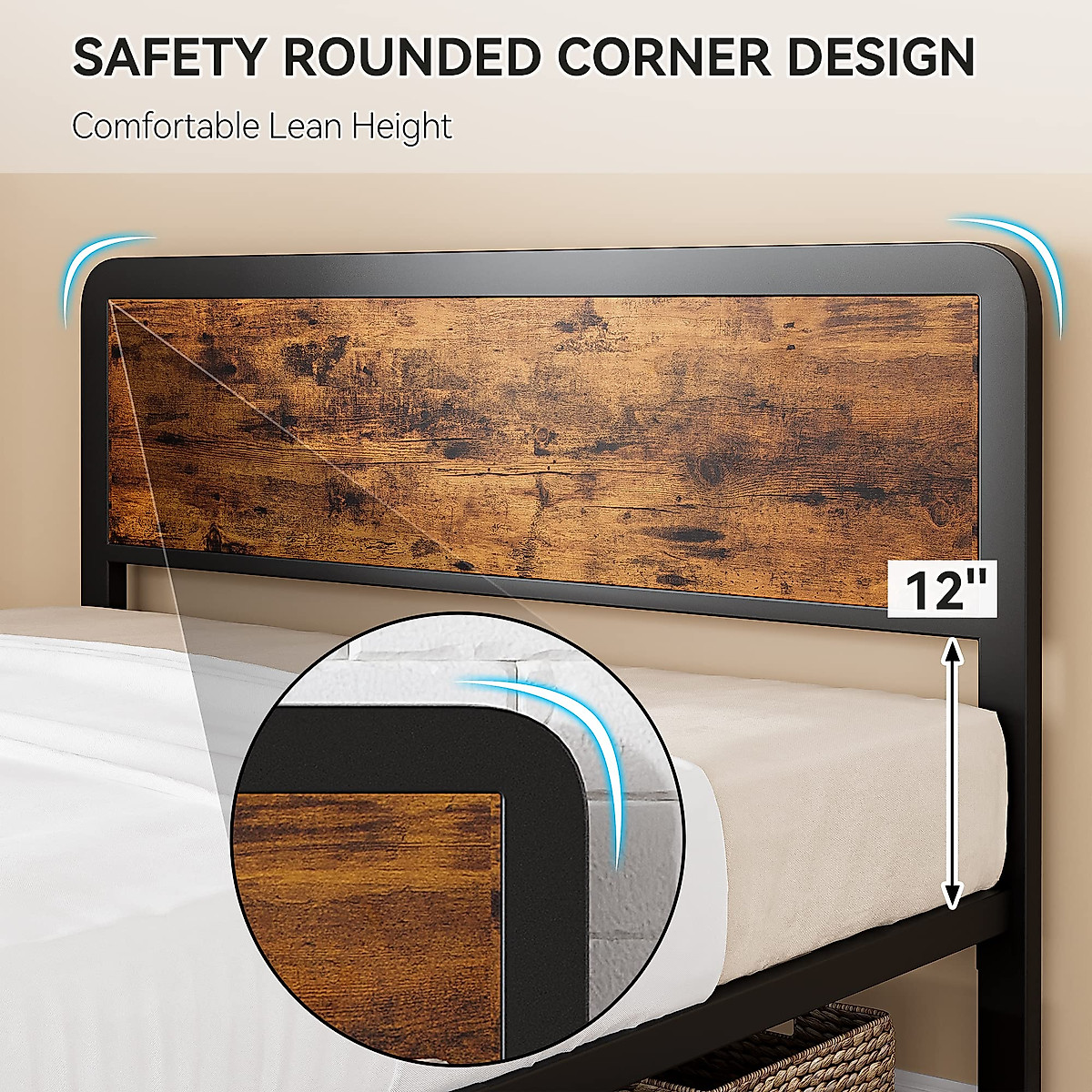 GarveeHome Queen Bed Frame with Headboard, Industrial Metal Platform Bed Frame, Rounded Corners, No Box Spring Needed, Noise Free, Rustic Brown