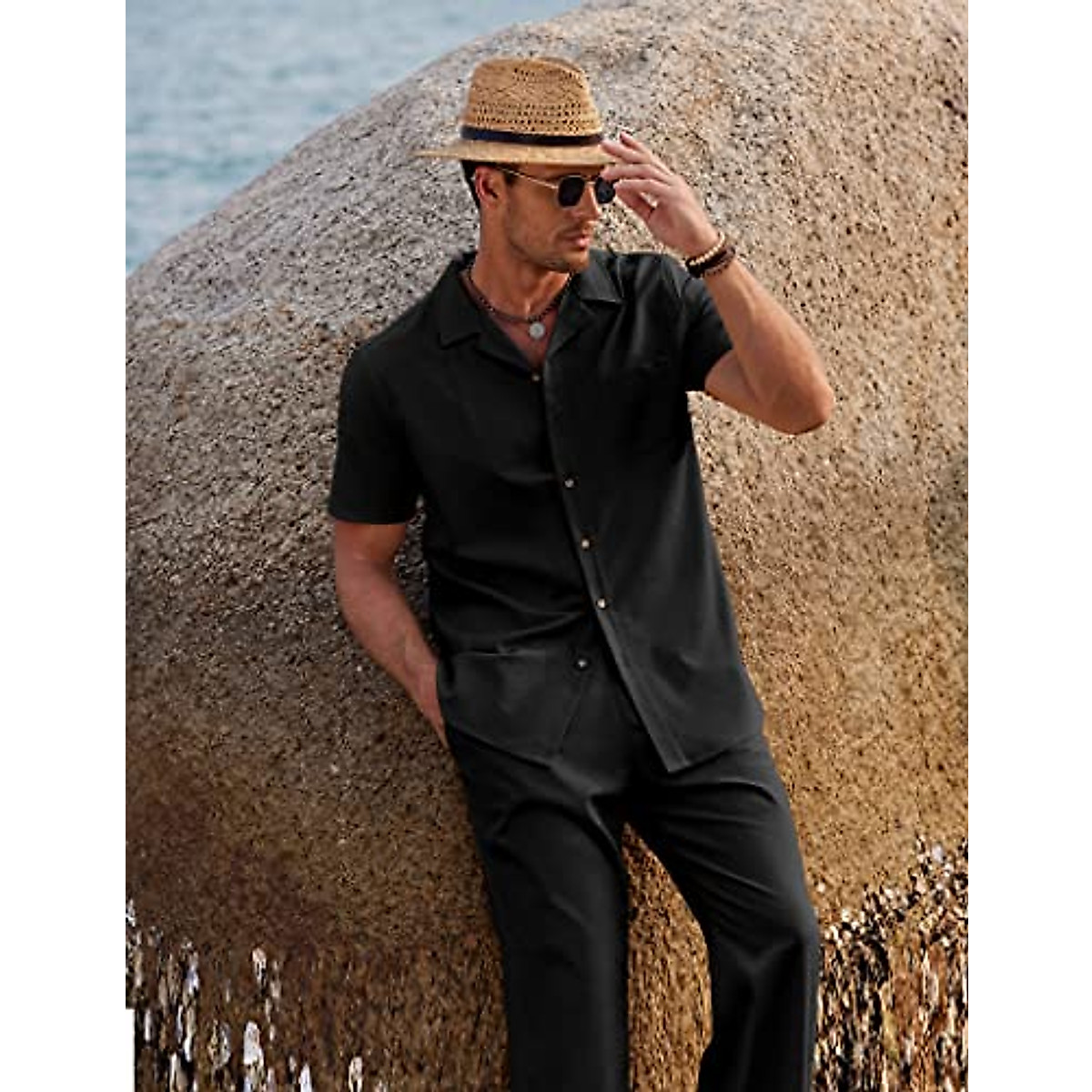COOFANDY Mens Coordinated Outfit  Linen Beach  Casual Cuban Button Up Shirts Drawstring Pants, Black, X-Large