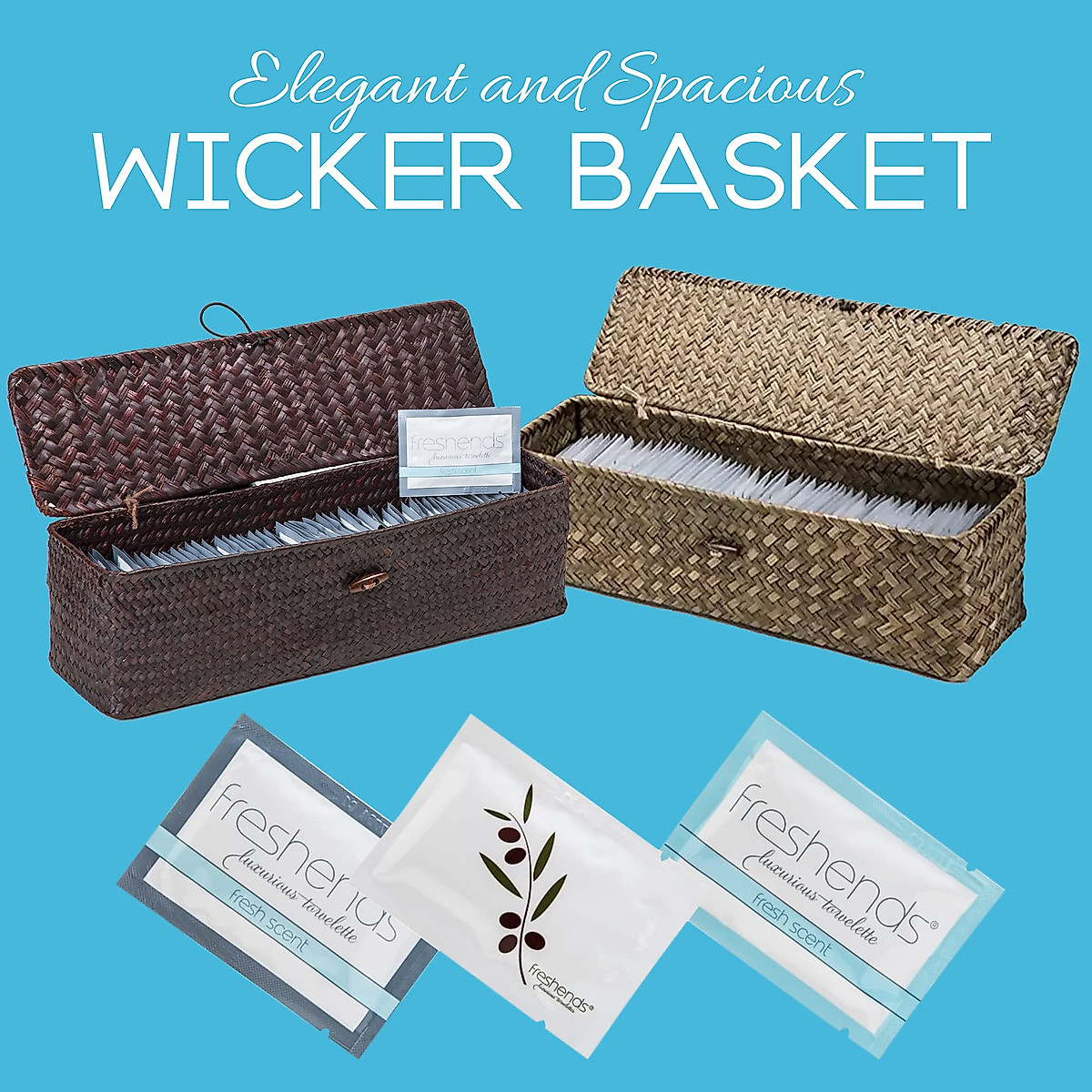 Freshends Powder Room Basket with Lid plus 80 Personal Wipes — Storage for Wipes and Household Items, Bathroom Counter Organizer, Wicker Baskets for Organizing - (Mahogany, Gray)