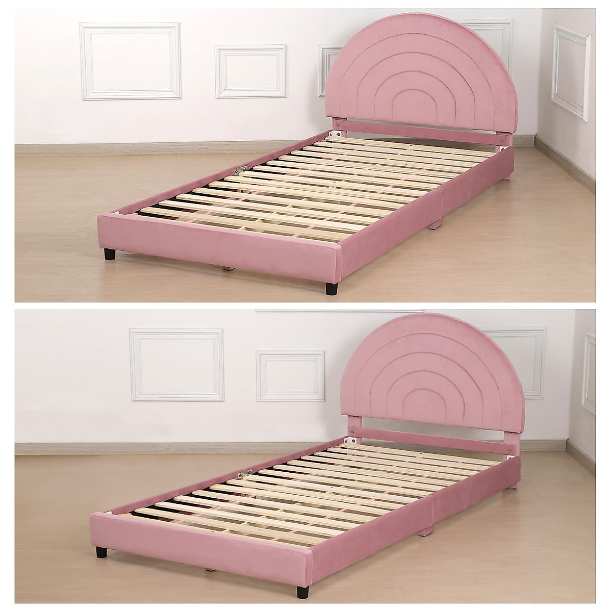 AFBKSS&BB Kids Twin Bed Frame, Teenager Bed, Rainbow Children's Bed with Adjustable Height Bed Head, Children's Home Sleeping Bed, Toddler Upholstered Twin Bed (Pink)