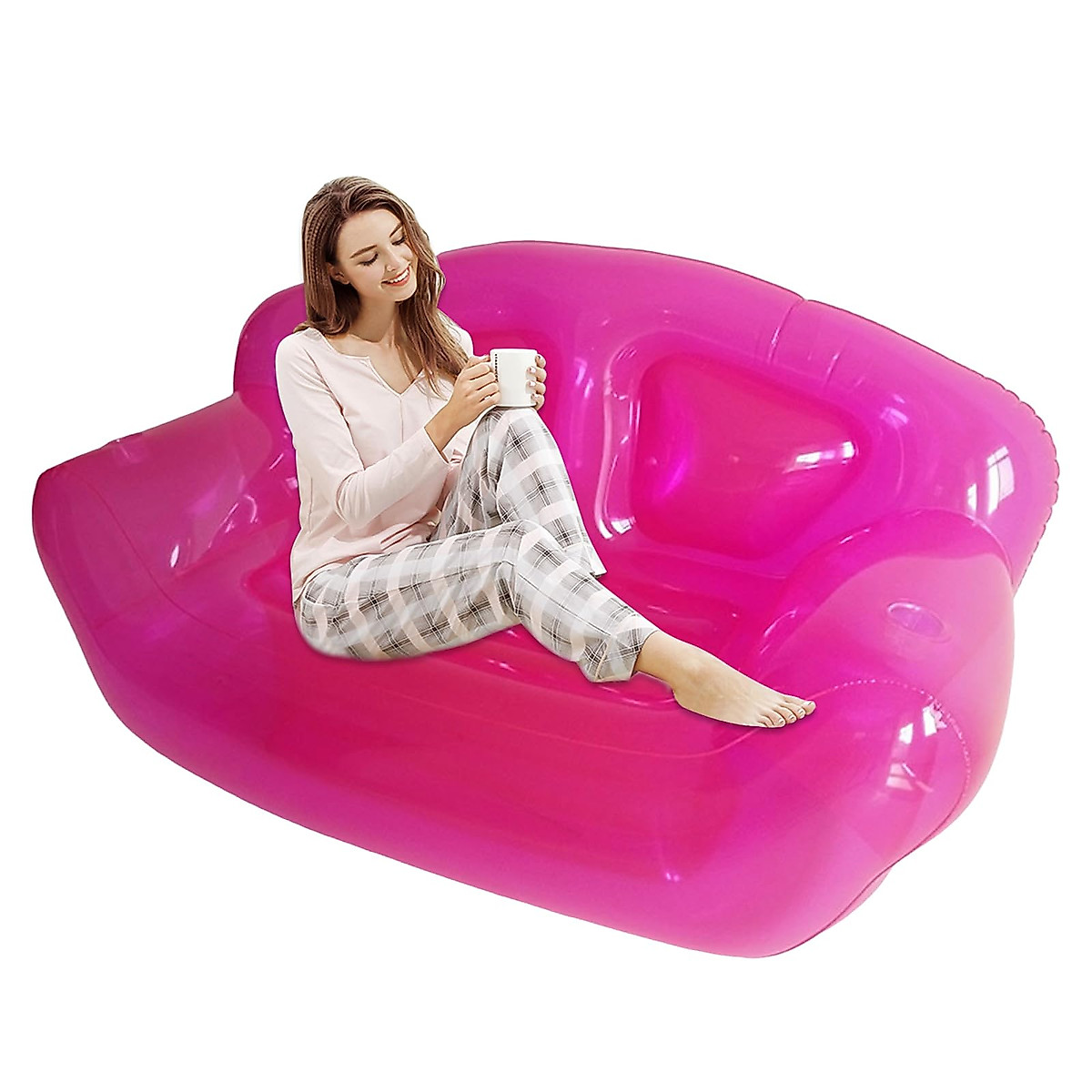 AQQHSAIN Transparent Inflatable Sofa Seat Clear Double Person Sofa Pink Blow Up Chairs Portable Camping Yard Couchs Air Sofa Patio Blow Up Furniture for Camping Outdoor Beach