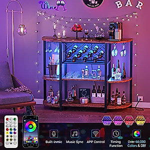 Unikito Wine Rack Table with Socket and LED Light, Floor Bar Cabinet for Liquor and Glasses, Wood Coffee Bar Cabinet with Adjustable Wine Rack, FreeStanding Sideboard and Buffet Cabinet, Rustic