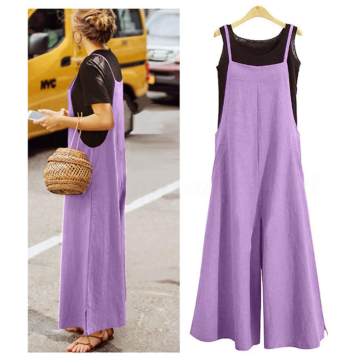 YESNO Women Casual Loose Boyfriend Bib Pants Summer Wide Leg Cotton Jumpsuits Rompers with Pockets (XL PZZTYP2 Light Purple)