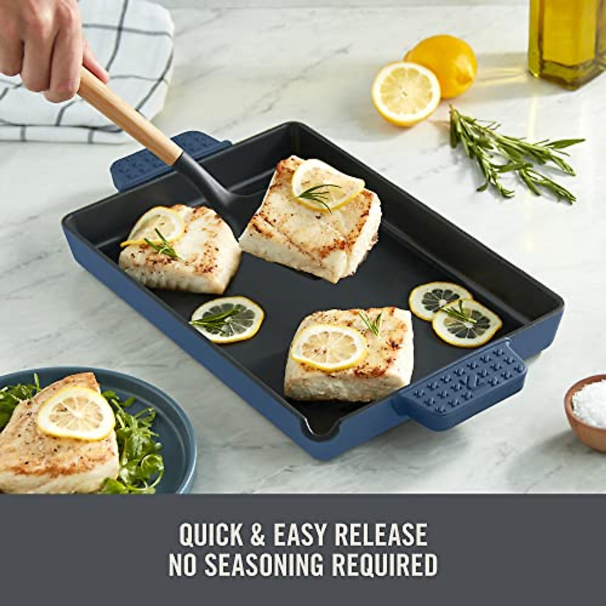 DASH Zakarian by Dash 9"x13" Nonstick Cast Iron Pan with Pour Spout and Removable Silicone Grips for Searing, Baking, Broiling, Grilling and more - Blue