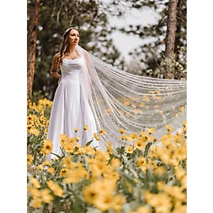 Unsutuo Pearl Bride Wedding Veil 1 Tier Cathedral Veil Fingertip Bridal Tulle Veil with Headpiece for Women and Girls (L:118",W:59", White)