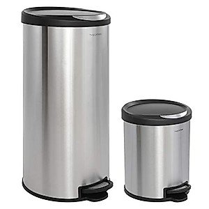 happimess HPM1001A Oscar Round 8-Gallon Step-Open Trash Can with Free Mini Trash Can, Modern, Fingerprint Proof for Home, Kitchen, Office, Large:7.9 Gallon Small:1.3 Gallon, Stainless Steel