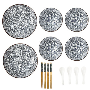 TJ Global 14-Piece Japanese Asian Cuisine Bowl Set with 4 Bowls, 4 Pairs of Chopsticks, 4 Soup Spoons and 2 Deep Plates for Serving Dinner, Rice, Soup, Dessert, Salad, Etc.