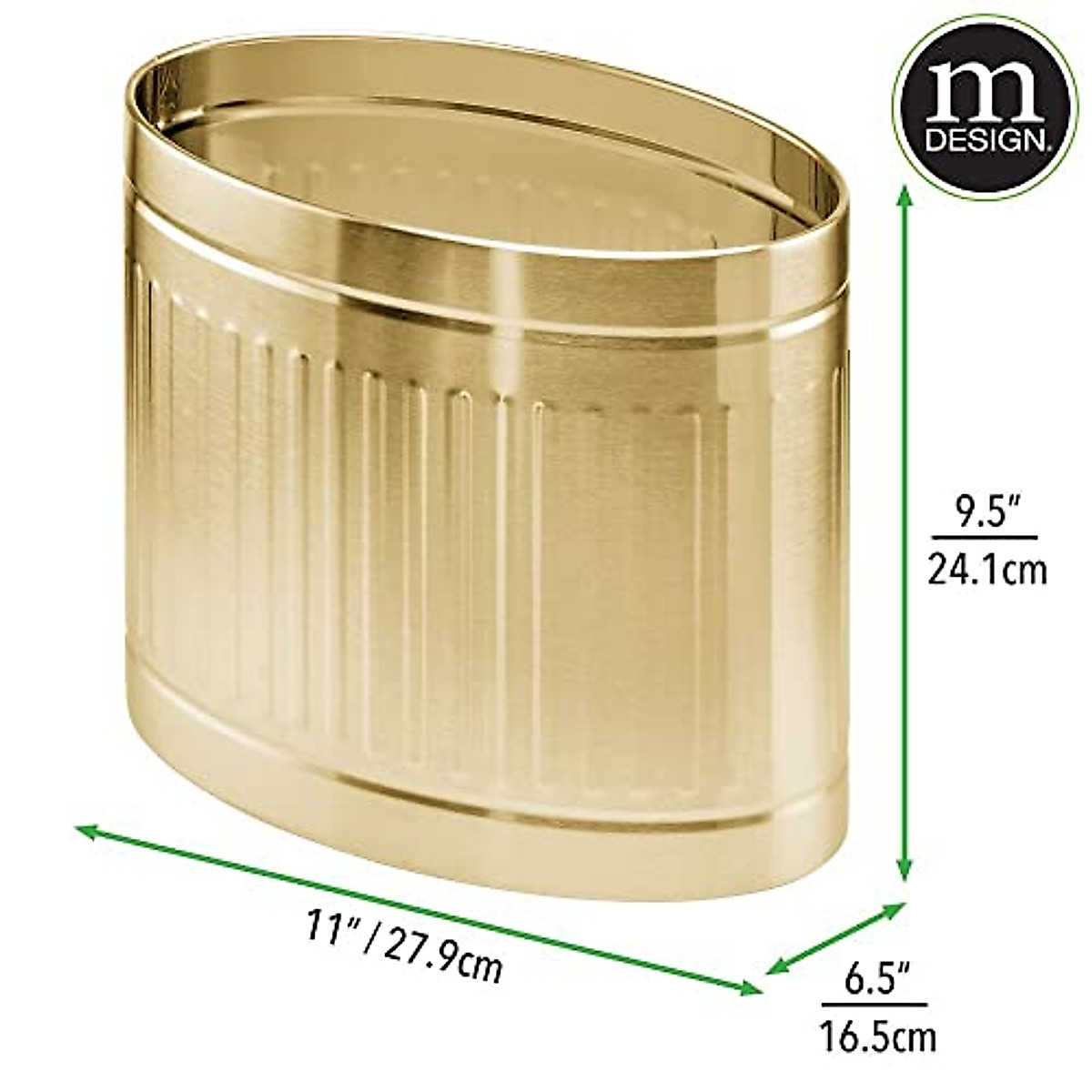 mDesign Slim Oval Steel Metal 2.25 Gallon/8.5 Liter Trash Can Wastebasket, Garbage Bin for Bathroom, Kitchen, Bedroom, Office - Hold Trash, Refuse, Garbage, Recycling, Oscar Collection, Soft Brass