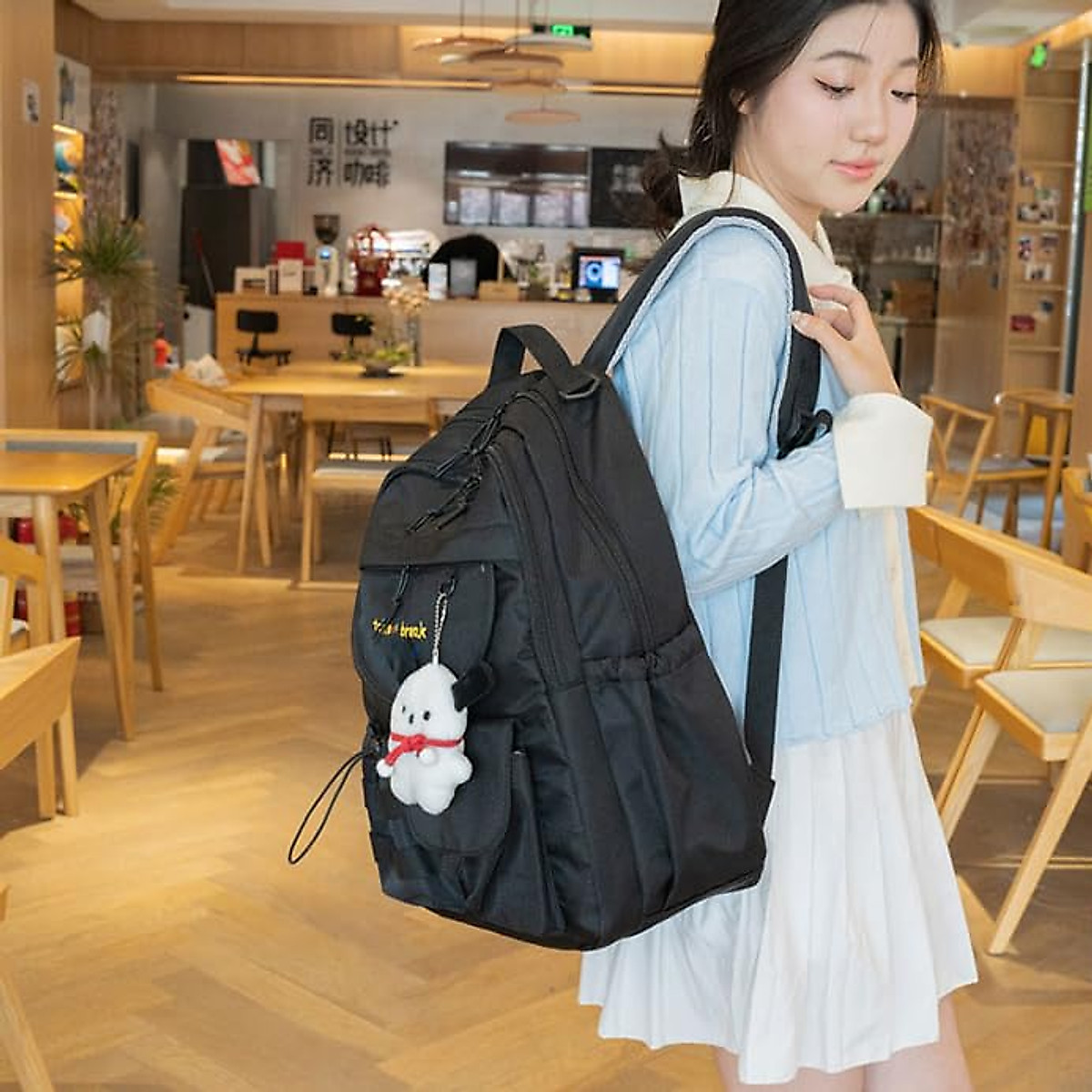 UIVXXUD Waterproof Nylon Backpack with Cute Design | Fits 14-Inch Laptop | Multiple Compartments | Lightweight | Bonus Dog Pendant (Black)