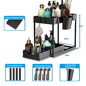 Bugdaben Under Sink Organizer - 2 Tier Sliding Under Cabinet Organizer with Dividers, Hooks and Hanging Cup, Multi-purpose Under Sink Organizers and Storage for Bathroom & Kitchen, 2 Pack
