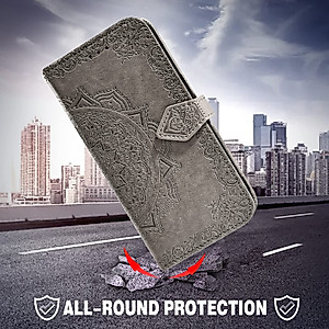 Compatible with Samsung Galaxy A40 Wallet Case and Tempered Glass Screen Protector Leather Mandala Flower Flip Cover Credit Card Holder Stand Cell Phone Cases for Glaxay A 40 Gaxaly 40A Women Men Gray